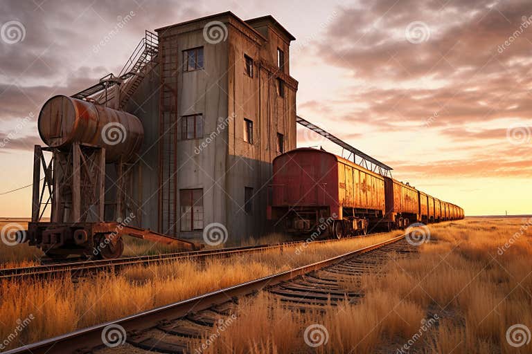 Grain Elevator with Train Tracks and Carriages Stock Photo - Image of ...