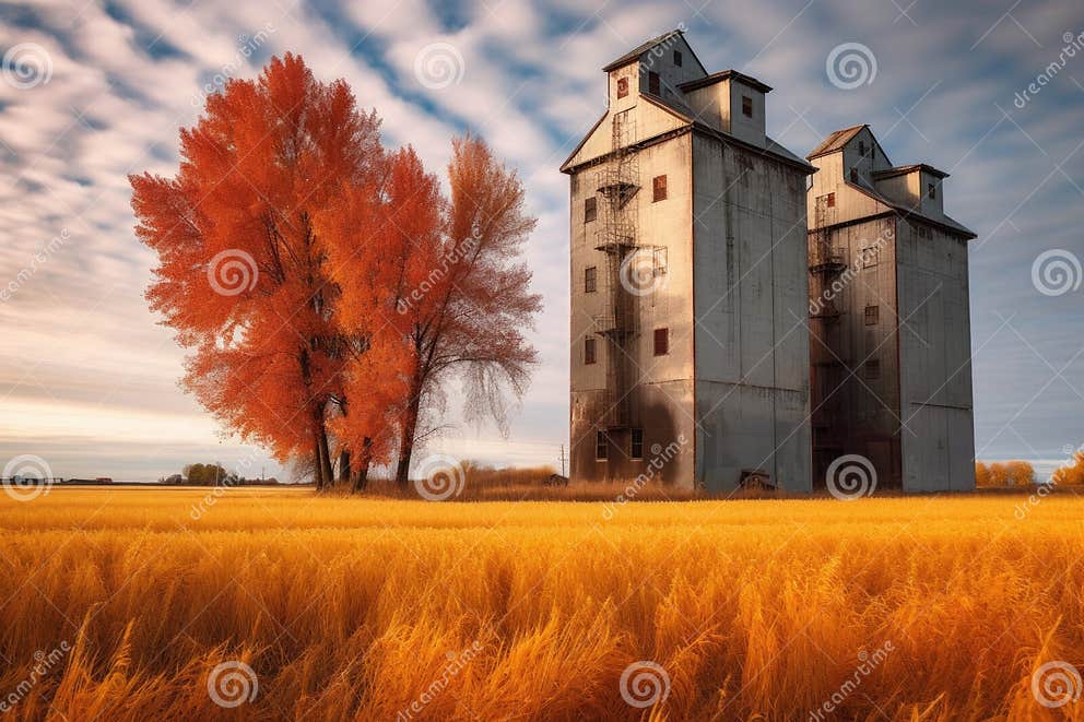 Grain Elevators in Changing Seasons, Contrasting Colors Stock Photo ...