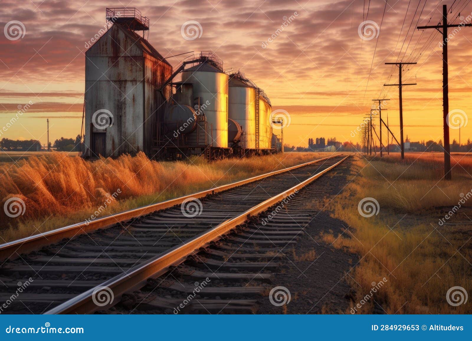Grain Elevators with Train Tracks and Freight Cars Stock Illustration ...
