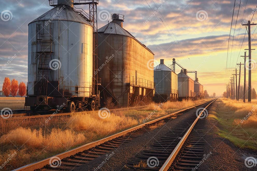 Grain Elevators with Train Tracks and Freight Cars Stock Image - Image ...