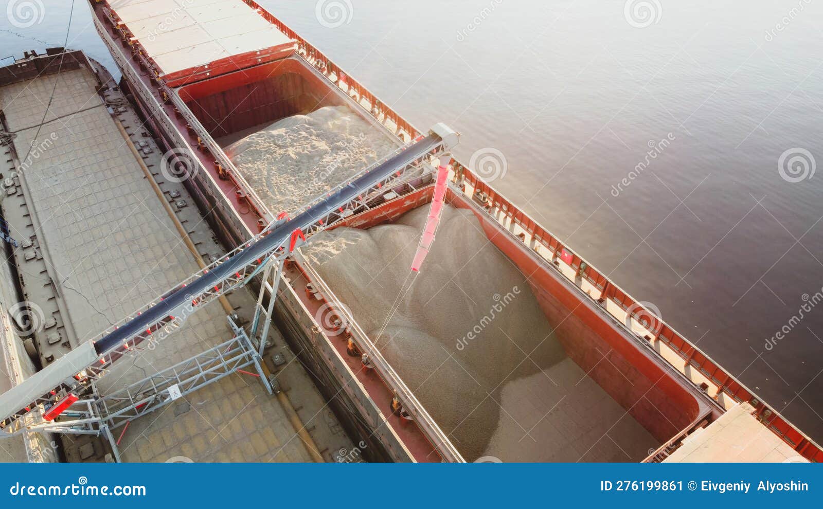 Grain Loading in Hold of Bulk Carrier Ship with Elevator Crane Closeup ...