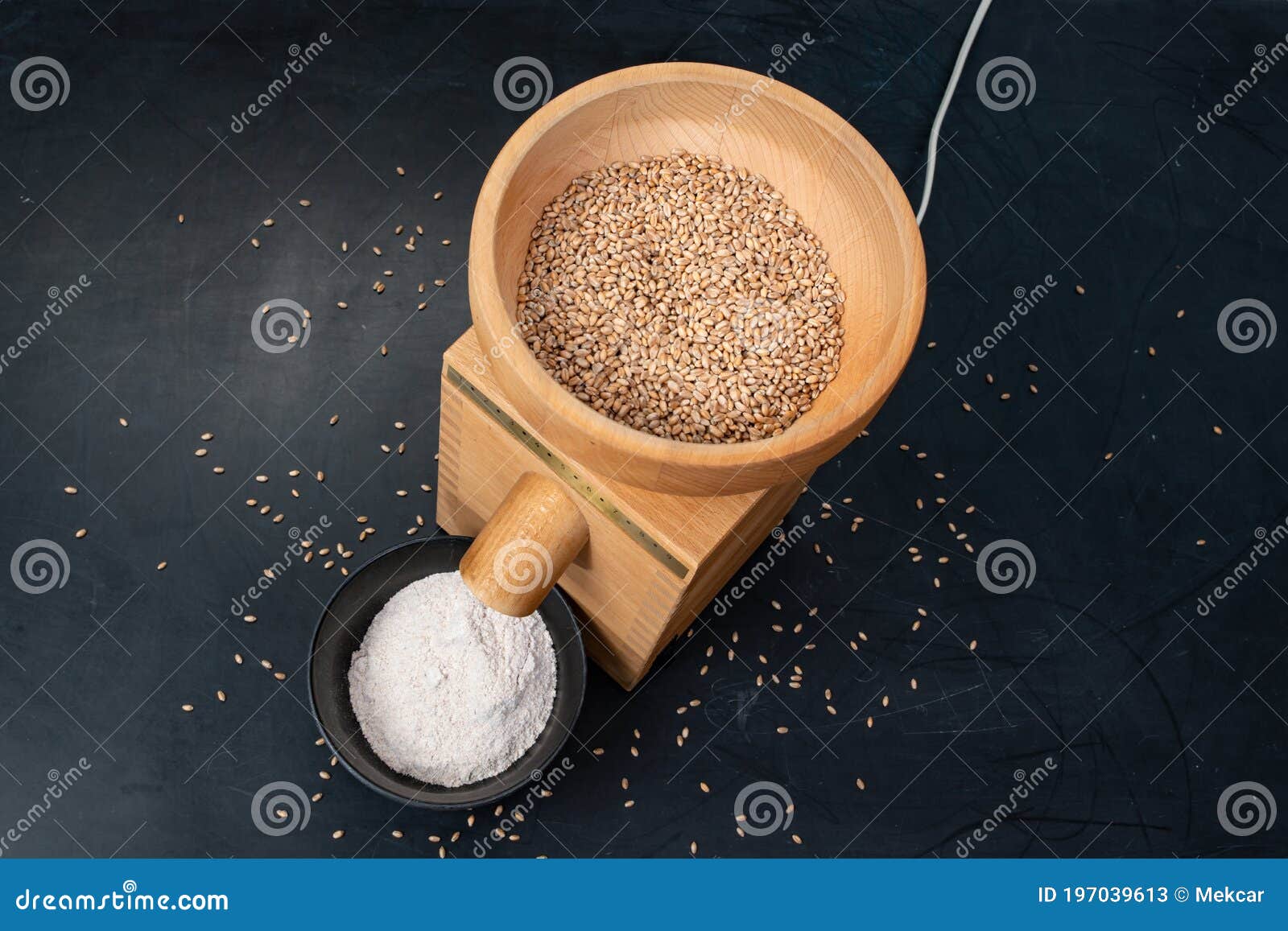 Grain Mill on a Black Table Stock Image - Image of kitchen, closeup ...