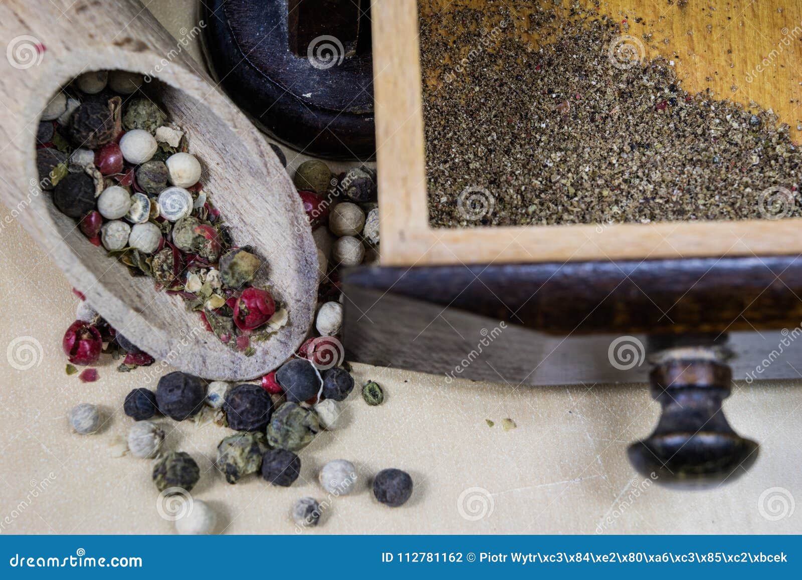 A Grain of Pepper on a Kitchen Table. Ground Pepper in a Kitchen Stock ...