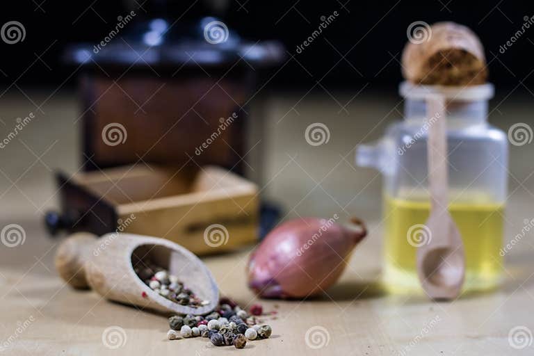 A Grain of Pepper on a Kitchen Table. Ground Pepper in a Kitchen Stock ...