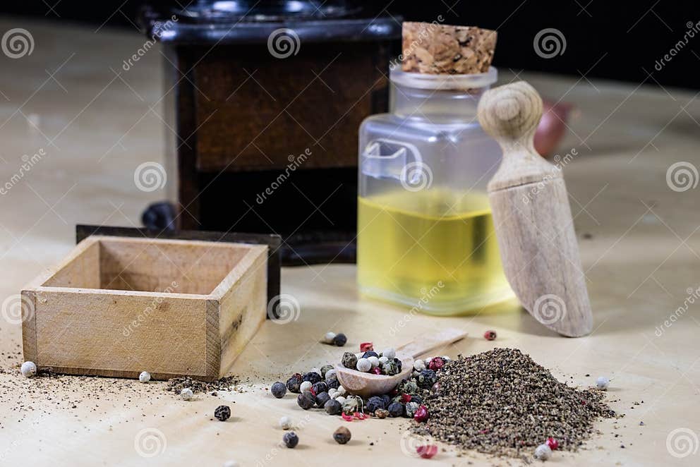 A Grain of Pepper on a Kitchen Table. Ground Pepper in a Kitchen Stock ...