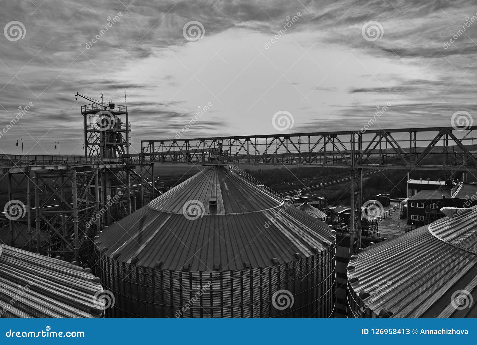 Grain Silo and Dryer at Night with Pile of Grain. Stock Image - Image ...