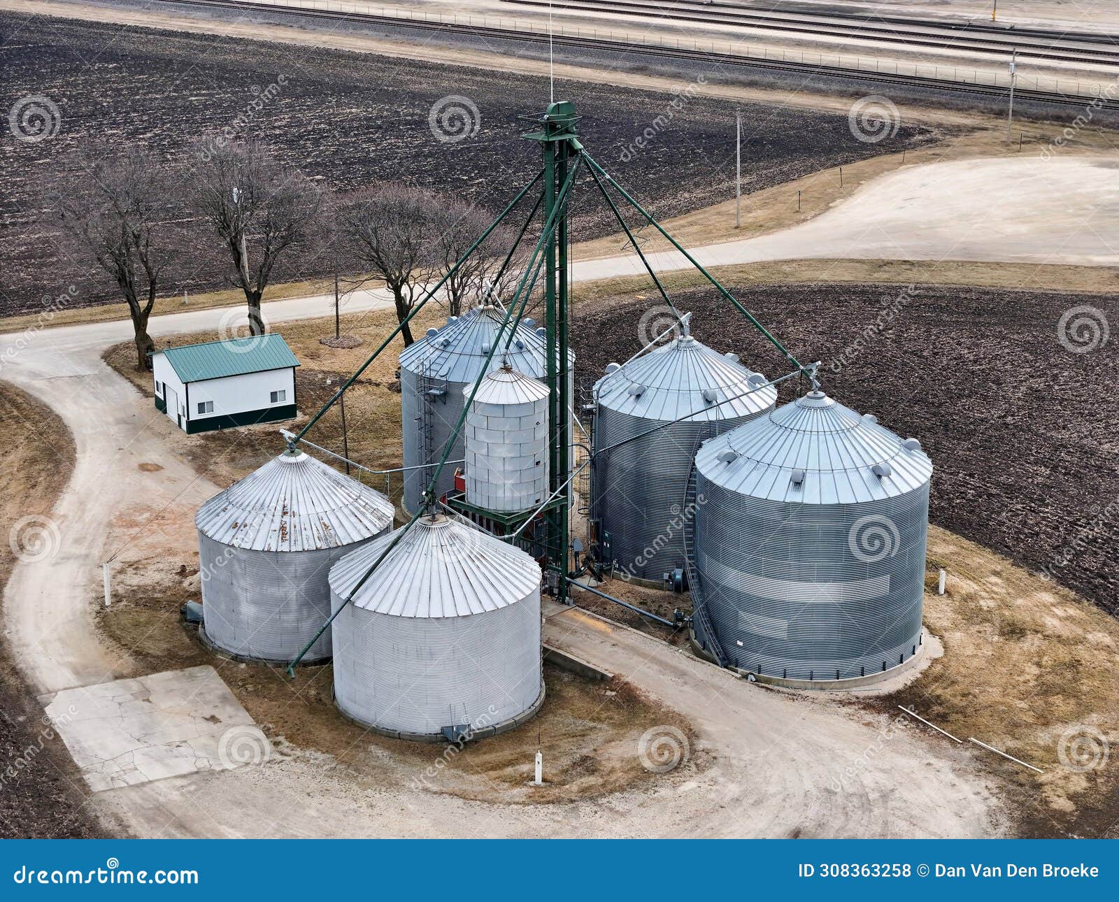 Grain Storage Bins from the Air with Farm Fields in the Background ...