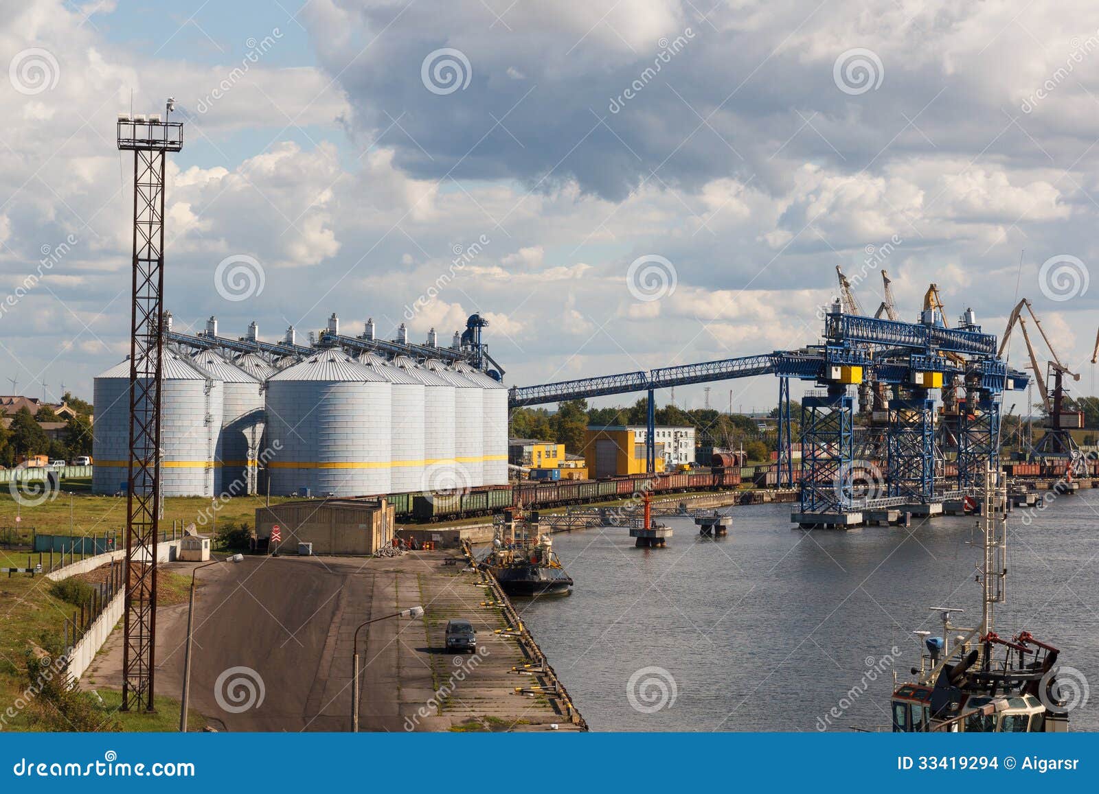 Big Grain Terminal At Seaport. Cereals Bulk Transshipment From Road ...