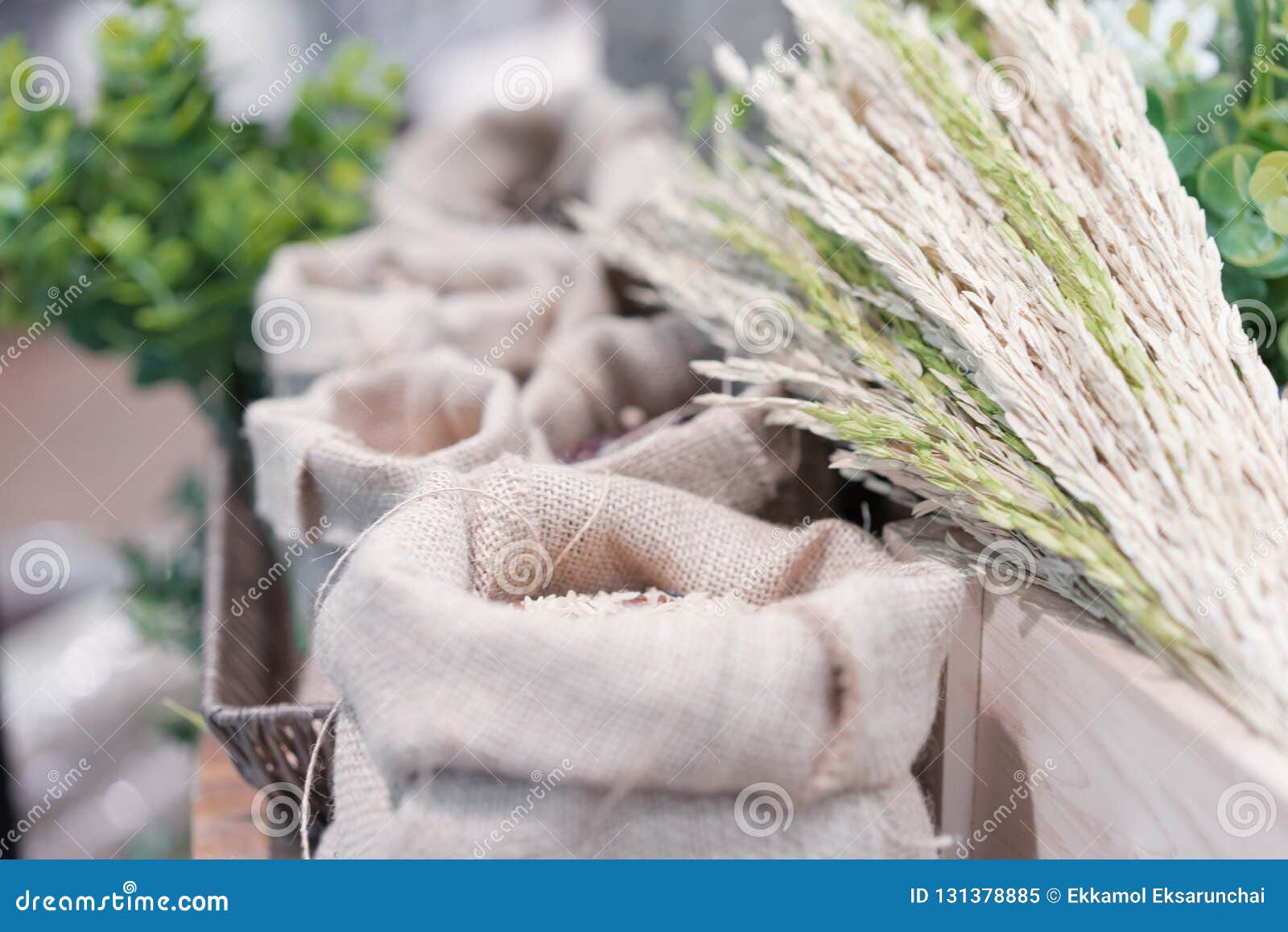 Grains, Beans, Grains and Rice in a Calico Bag on a Wooden Table Stock ...