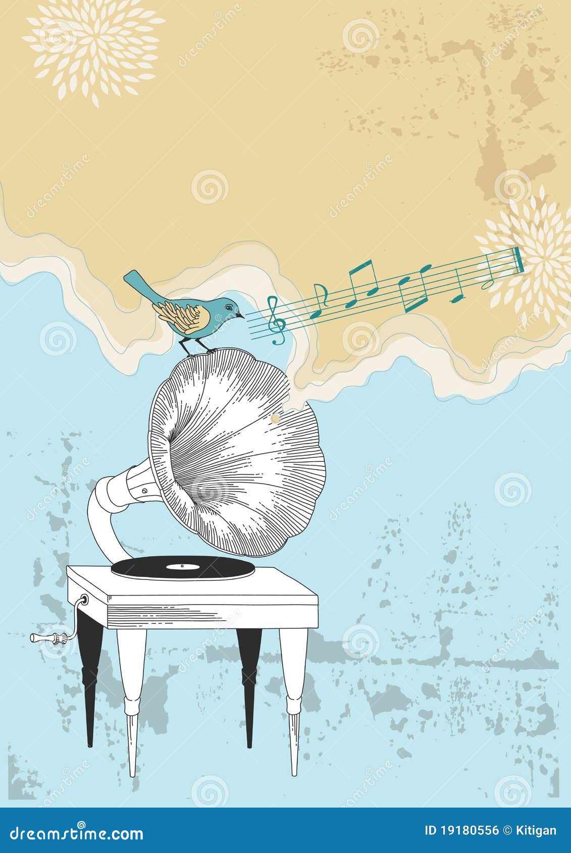 Gramophone And Blue Bird Vector Illustration | CartoonDealer.com #19180556