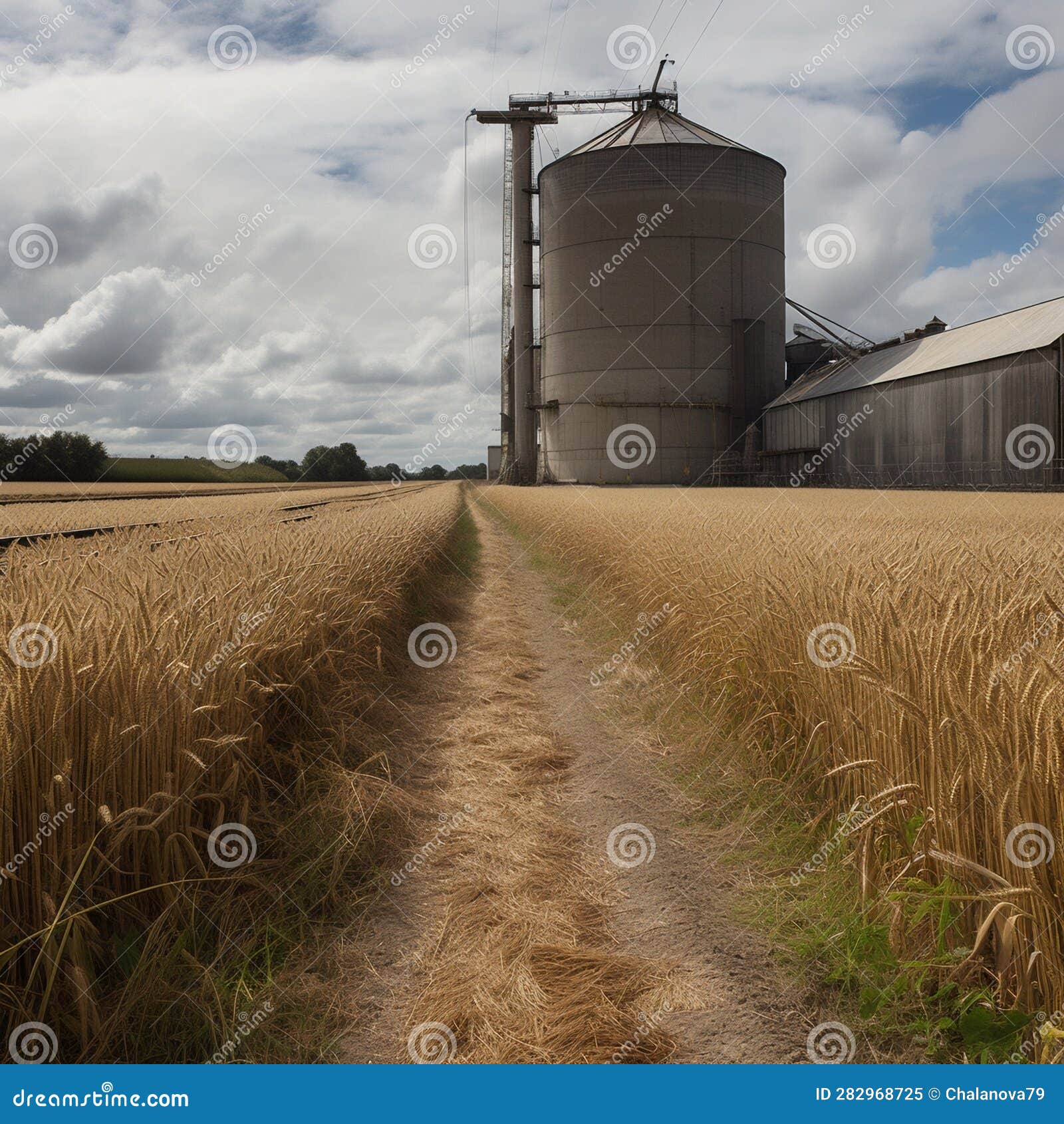 Granary Elevator with Seeds in Rye Corn or Wheat Field. Grain Deal ...