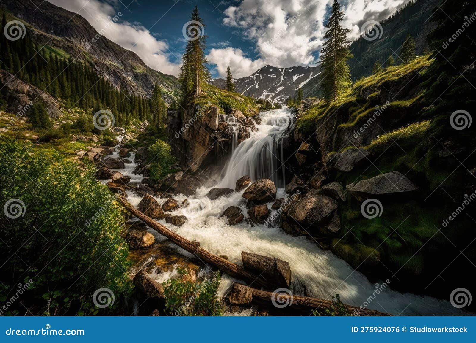 Grand Alpine Waterfall Cascading into Lush Meadow Stock Photo - Image ...