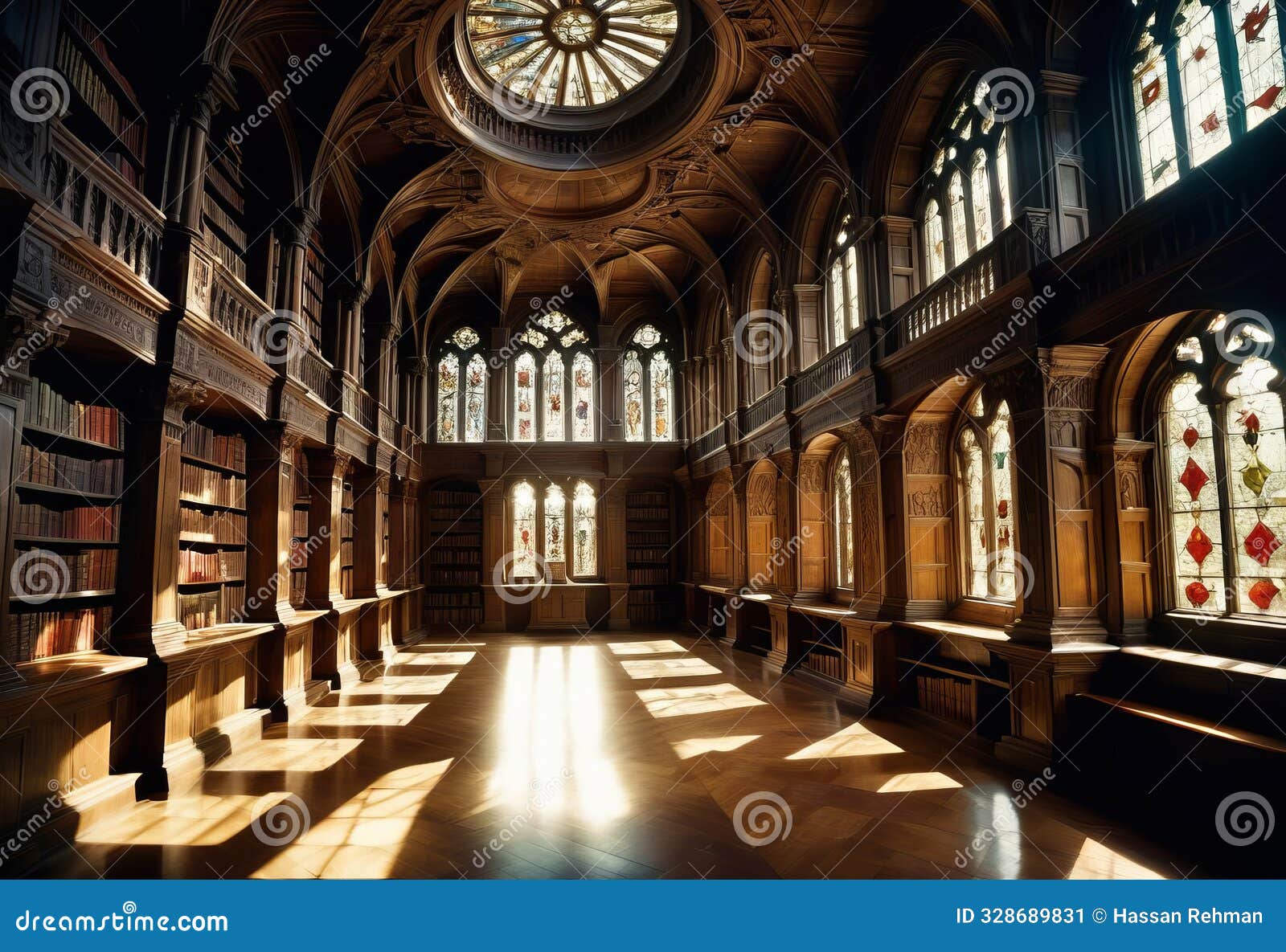A Grand Ancient Library with Towering Bookshelves Stock Illustration ...