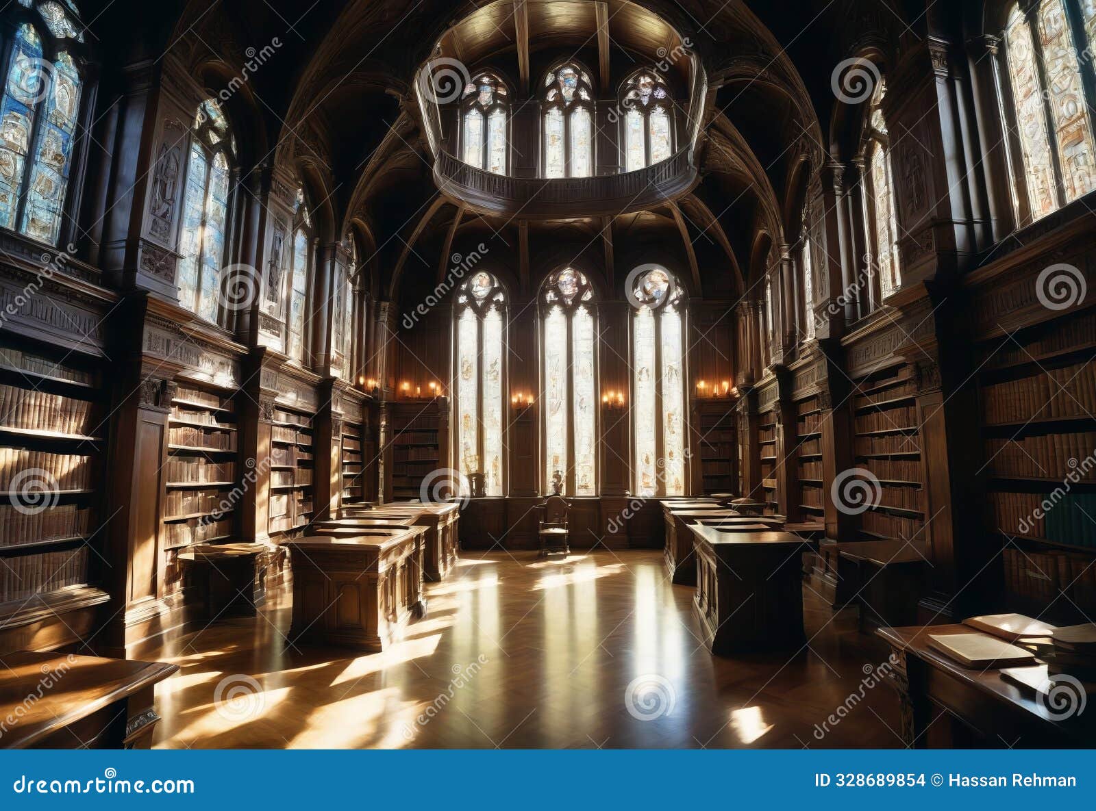 A Grand Ancient Library with Towering Bookshelves Stock Illustration ...