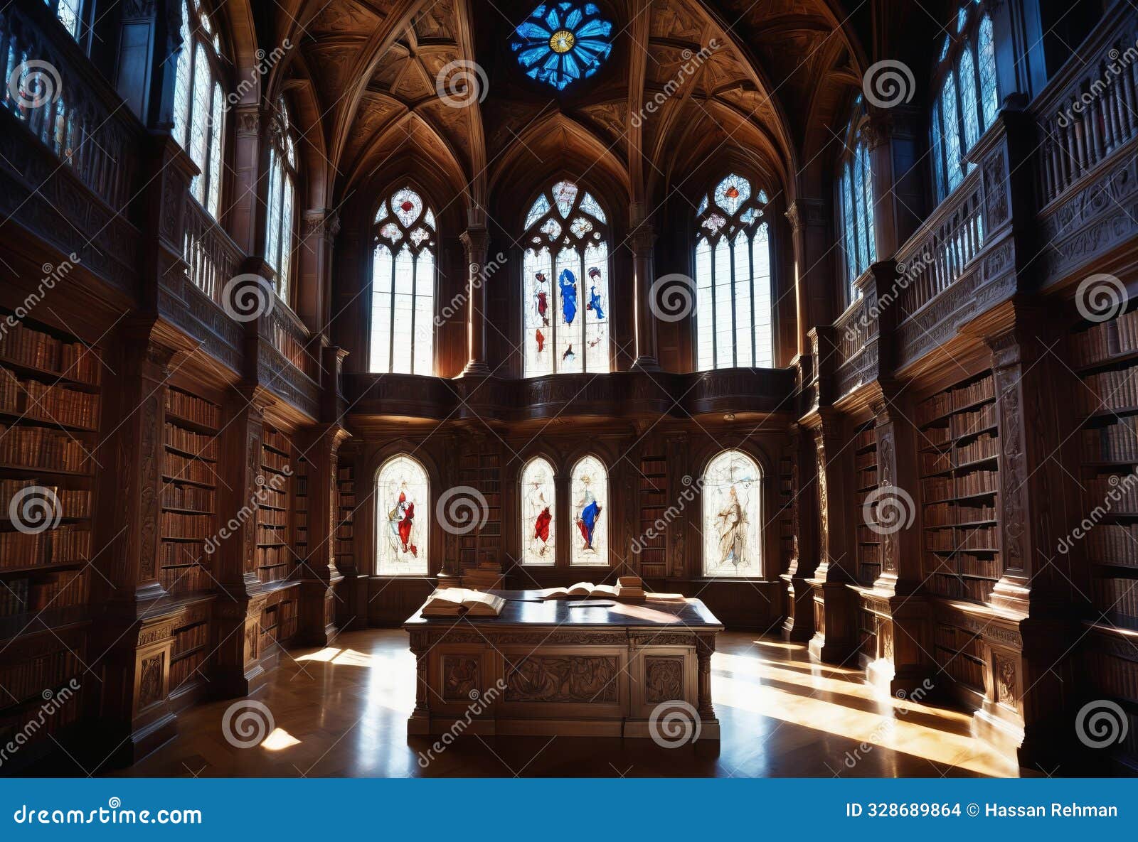 A Grand, Ancient Library Filled With Towering Bookshelves And Old ...