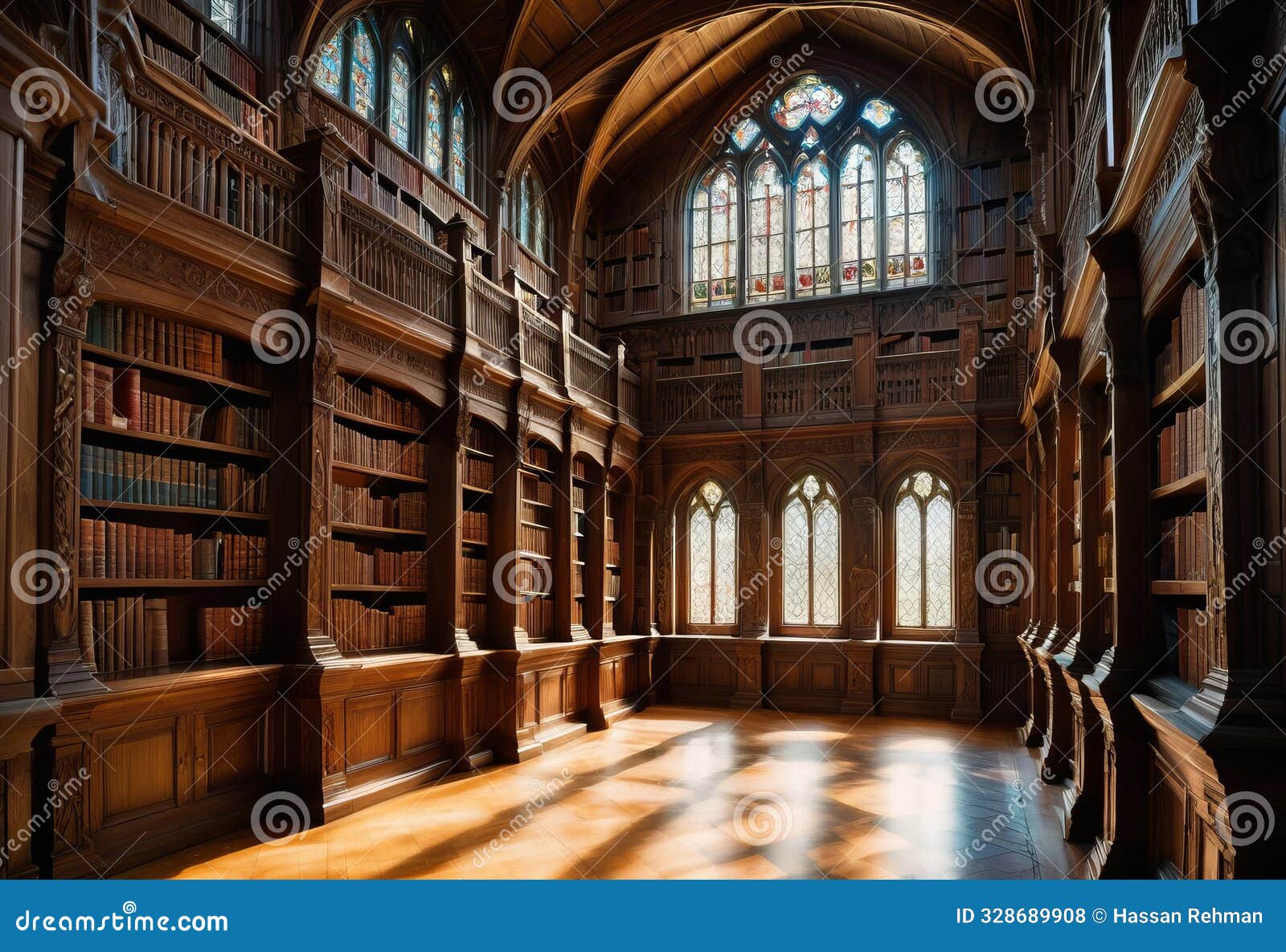 A Grand Ancient Library with Towering Bookshelves Stock Illustration ...