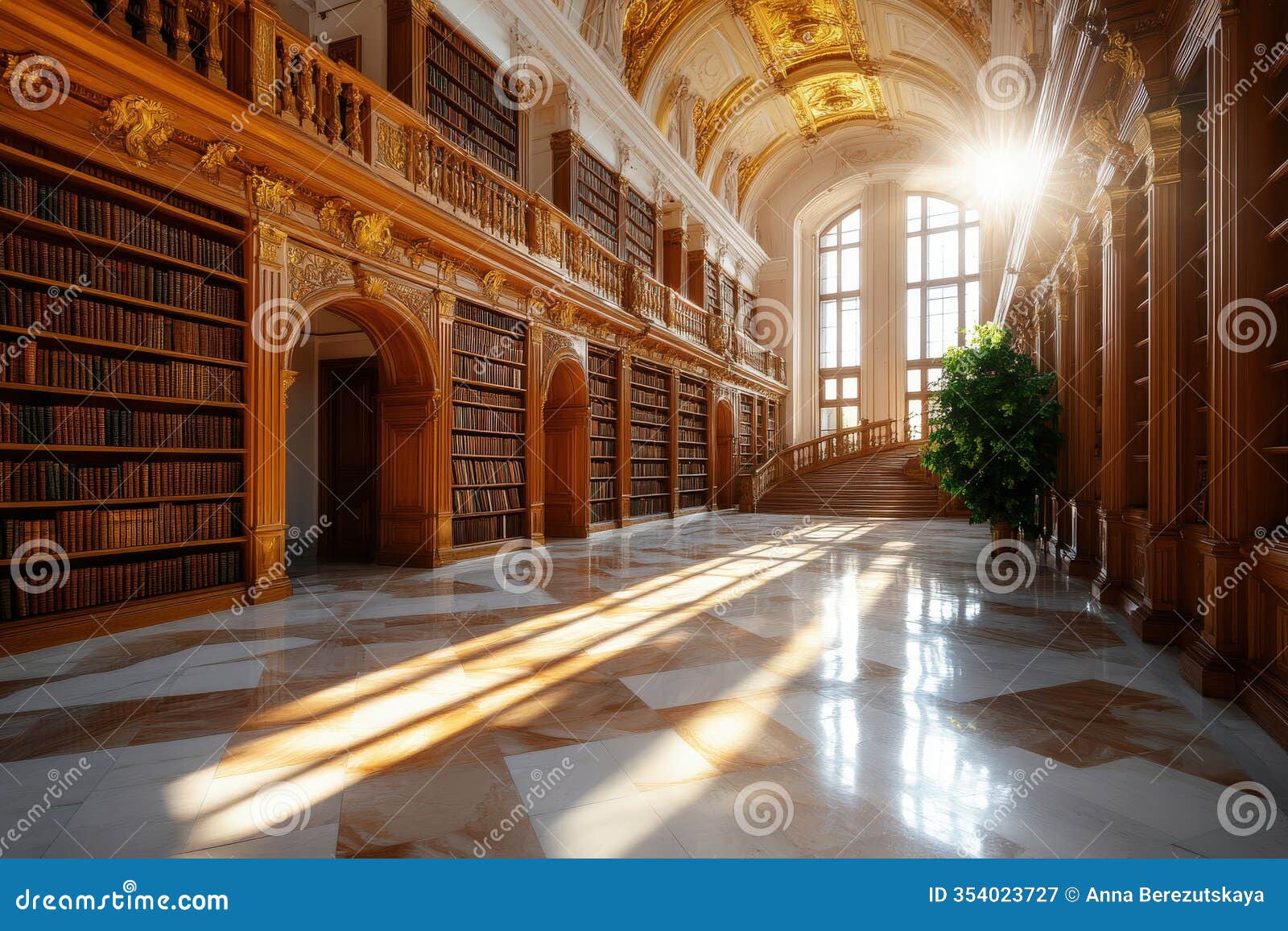 Grand Baroque Library Interior with Sunlight Streaming through Tall ...