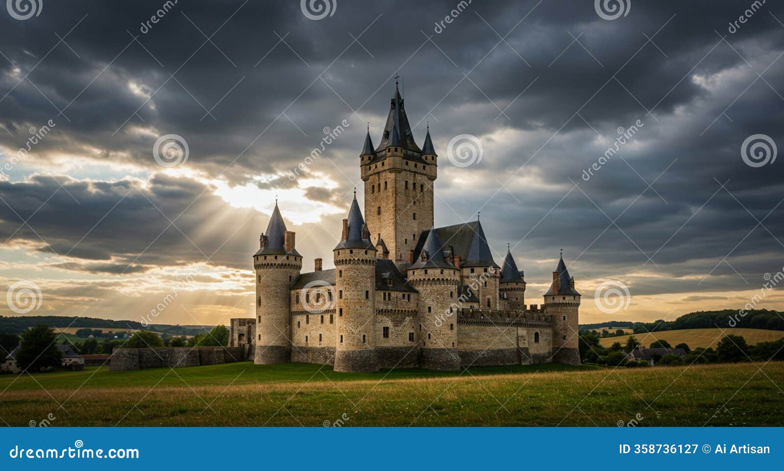 A Grand Castle With Multiple Turrets And A Central Tower Stands Amidst ...