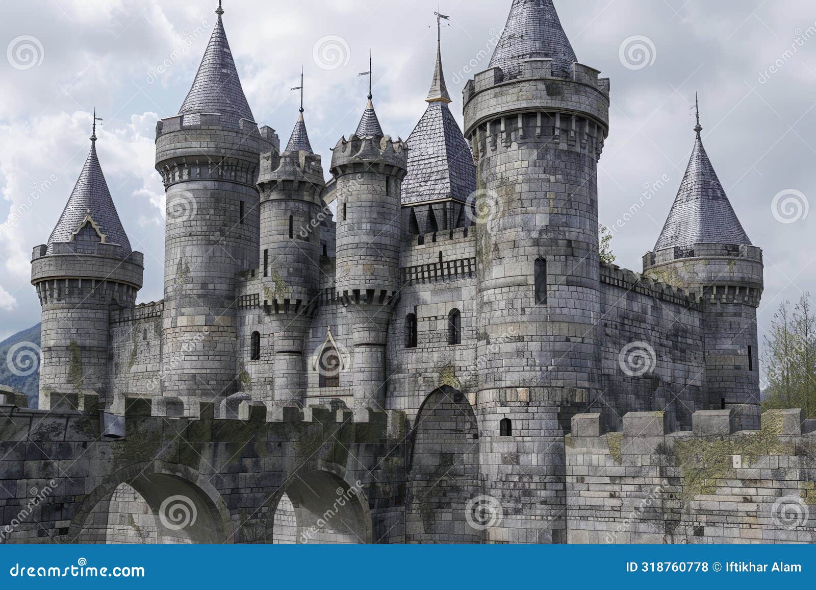 A Grand Castle with Towering Turrets and Multiple Gates Stands ...