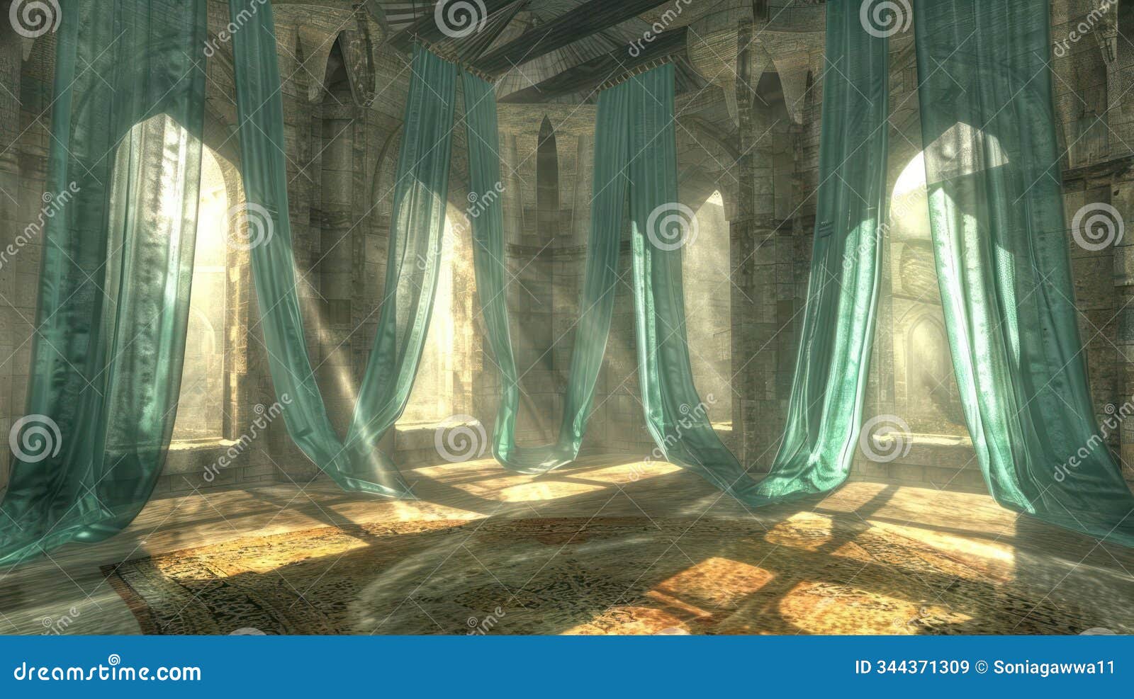 A Grand, Empty Hall with Arched Windows and Flowing Green Curtains ...