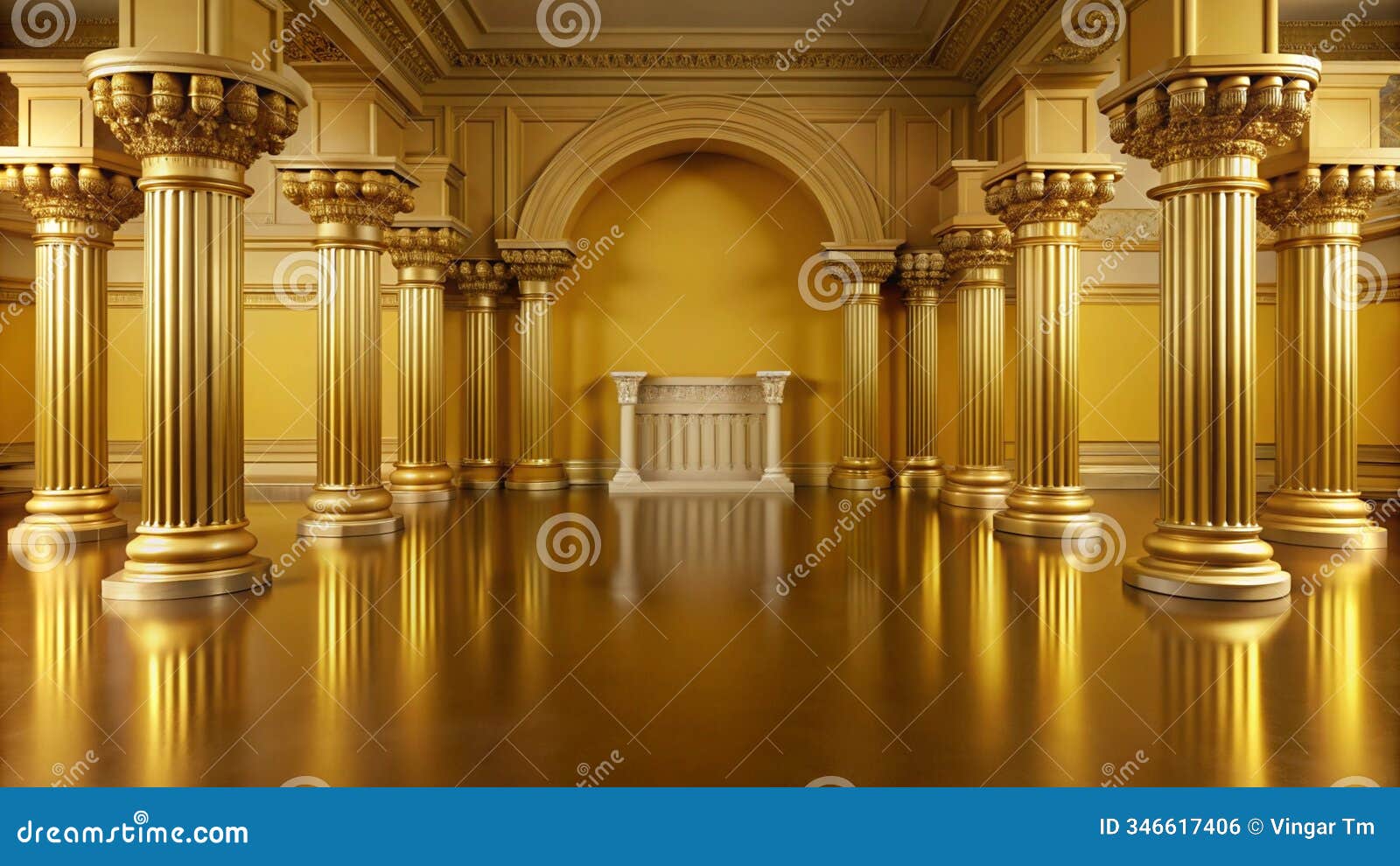 A Grand Hall with Golden Columns and a Marble Fireplace Stock ...