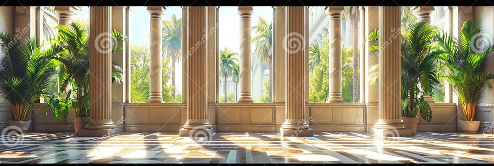 Grand Hallway with Sunlit Columns and Lush Greenery, Architectural ...