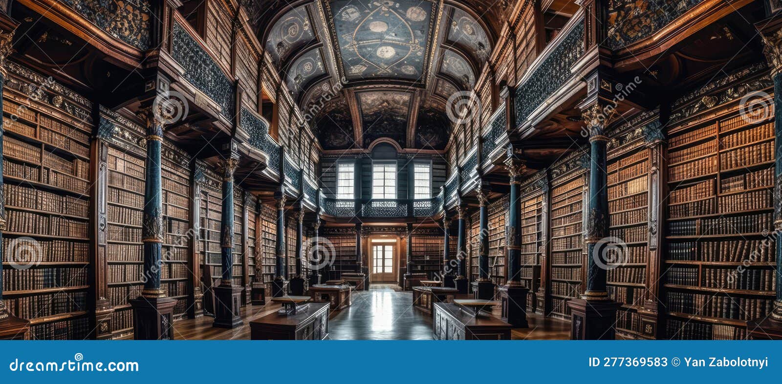 A Grand Library with Endless Shelves Panoramic Background. Generative ...