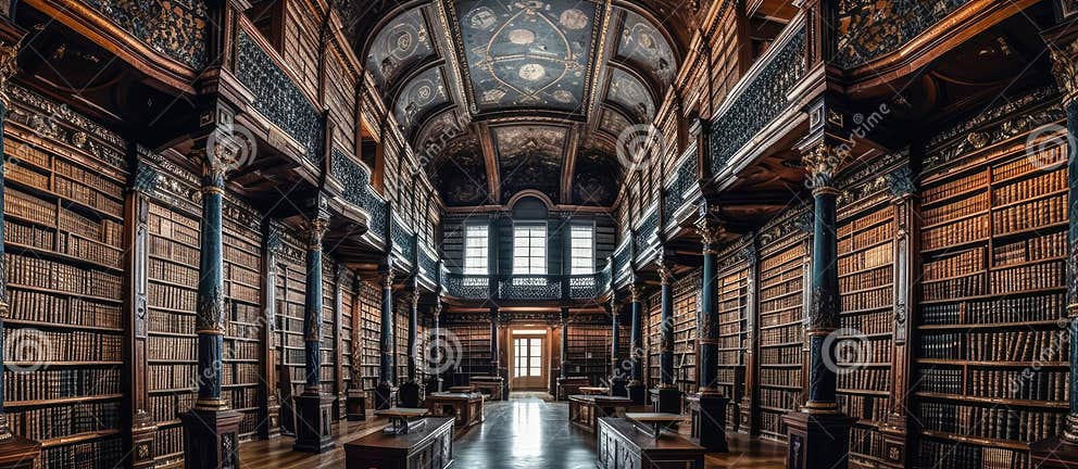 A Grand Library with Endless Shelves Panoramic Background. Generative ...
