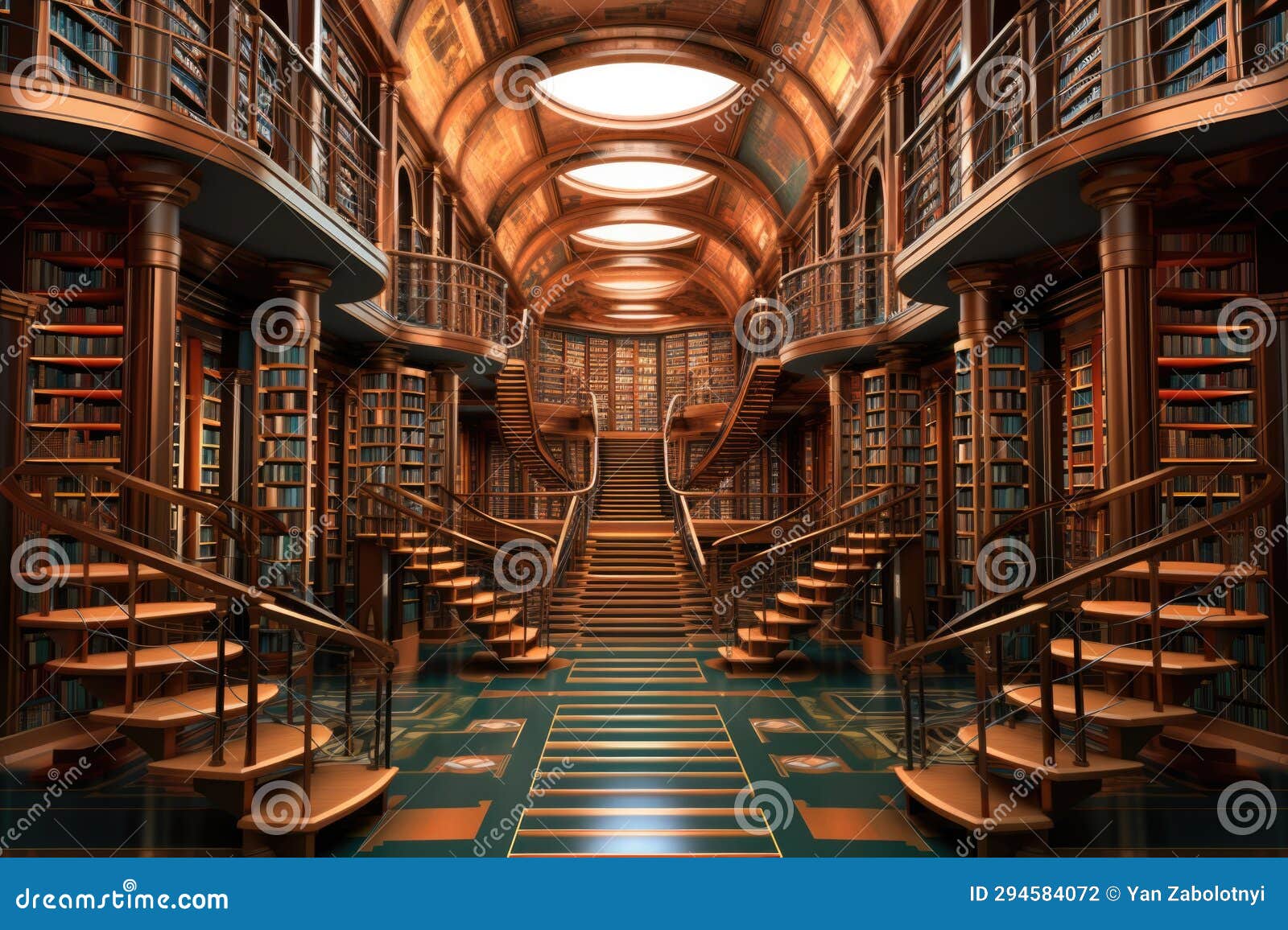 Grand Library With Towering Bookshelves And Reading Nooks Stock ...