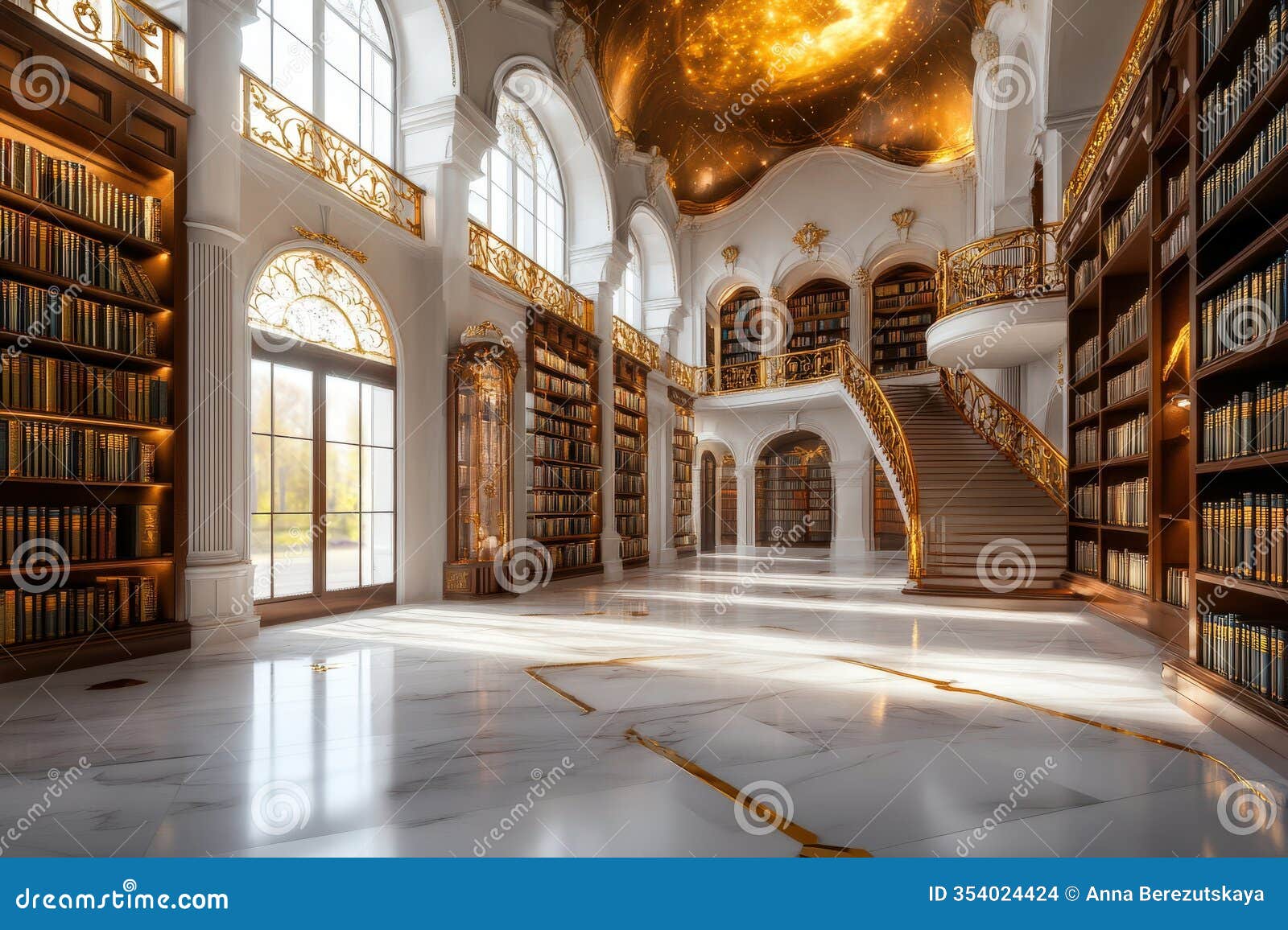 Grand Library Interior with Marble Floors and Ornate Ceiling Stock ...