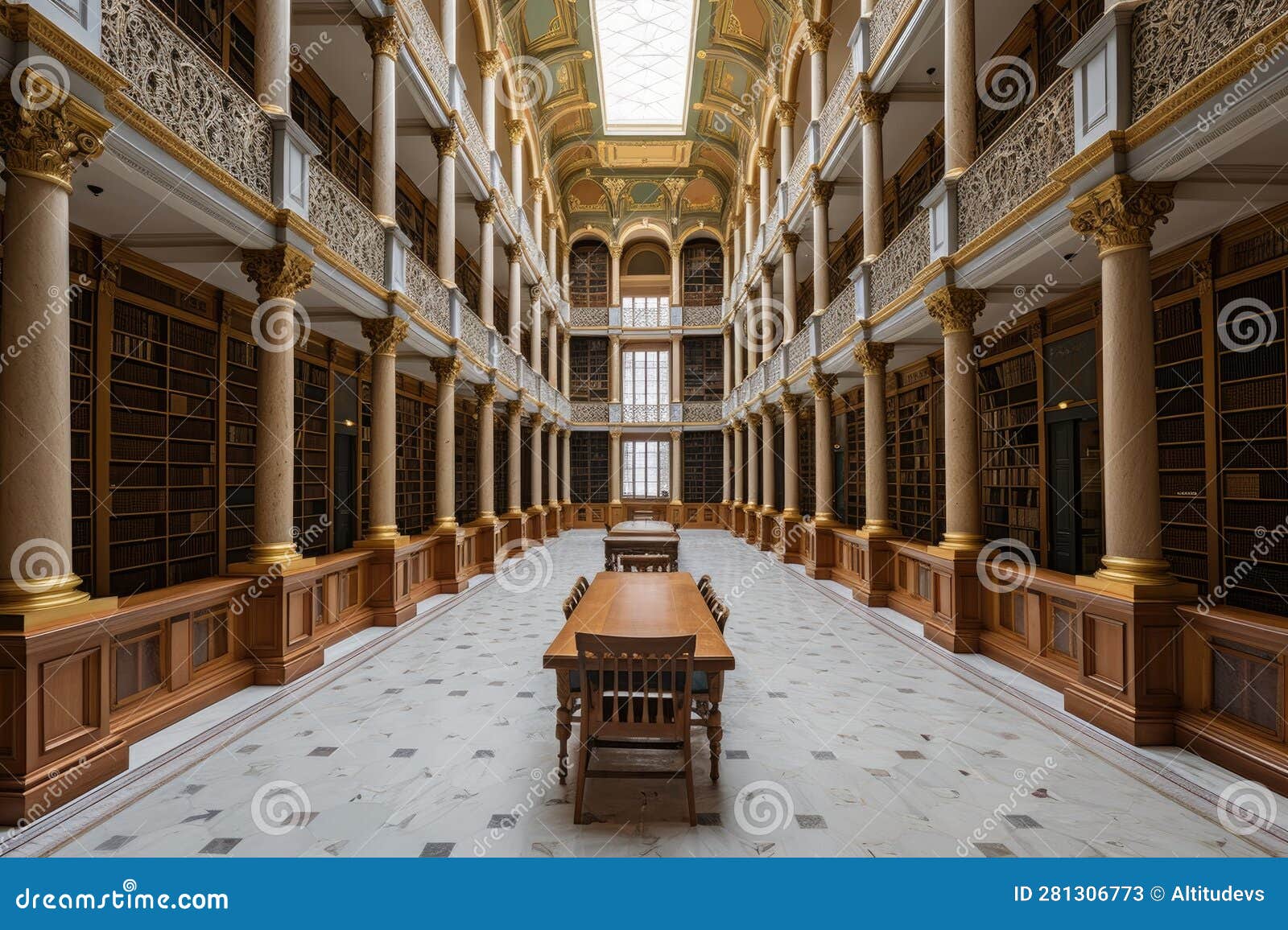 Grand Library, with Rows of Bookshelves and Stately Columns Stock ...
