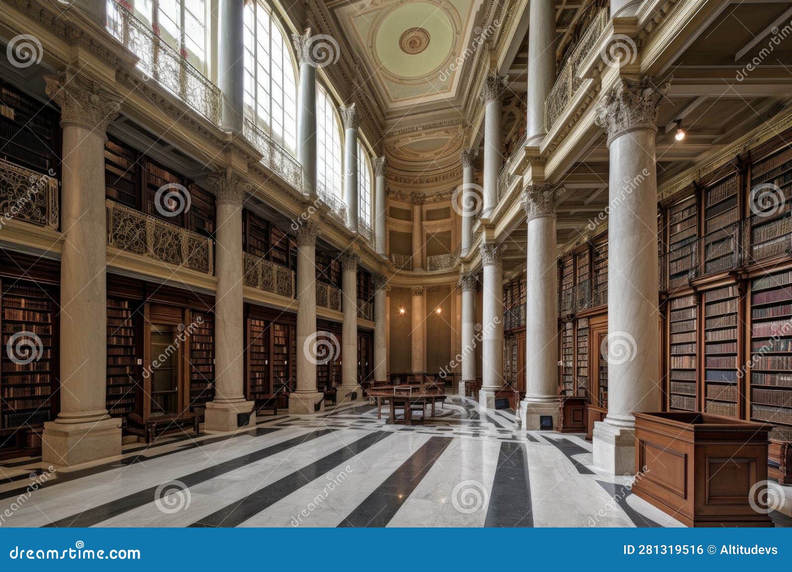 Grand Library, with Rows of Bookshelves and Stately Columns Stock ...