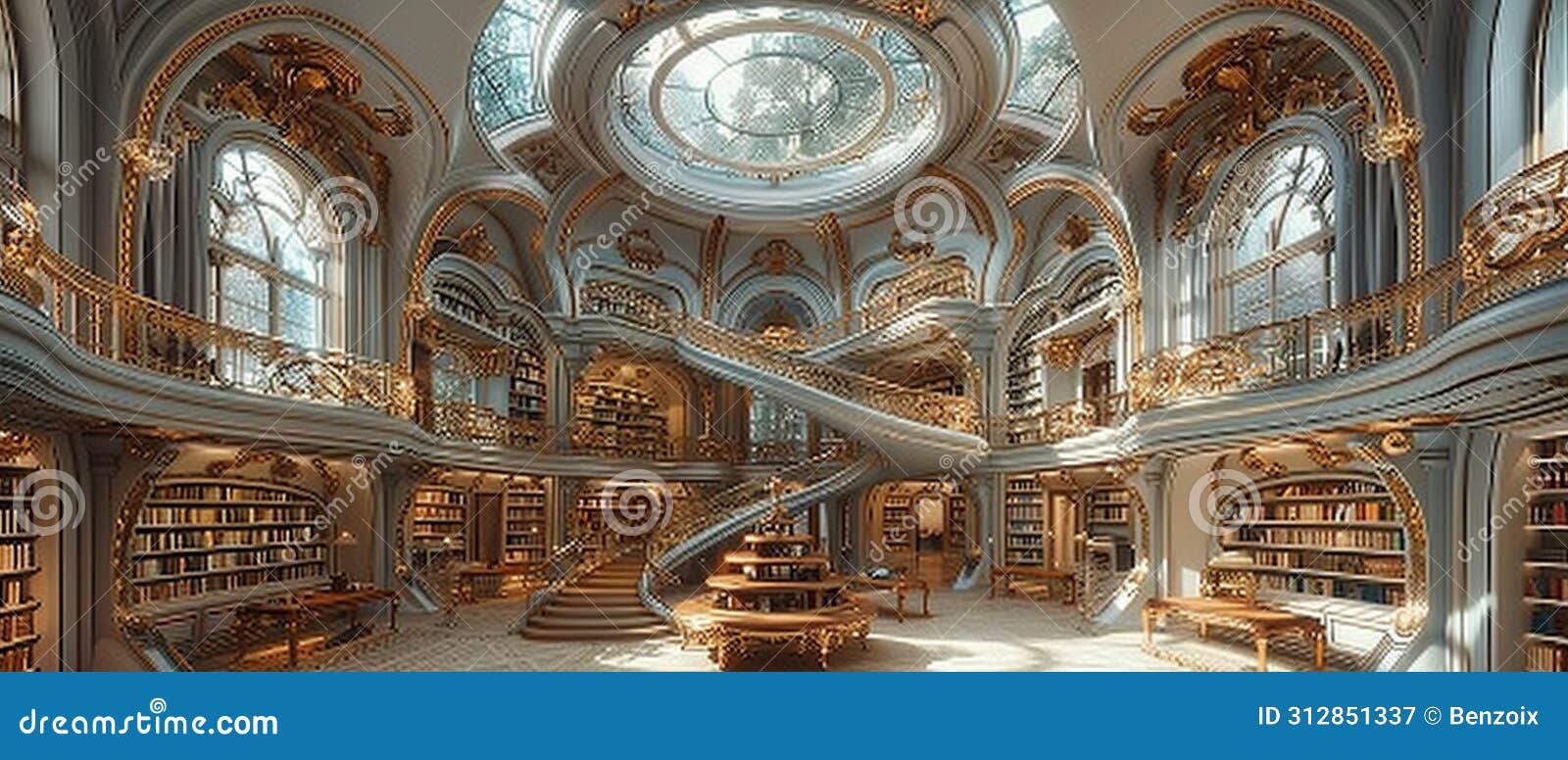 Grand Library with a Spiral Staircase and Domed Ceiling Stock Image ...