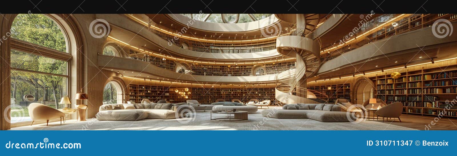 Grand Library with a Spiral Staircase and Domed Ceiling3D Render Stock ...