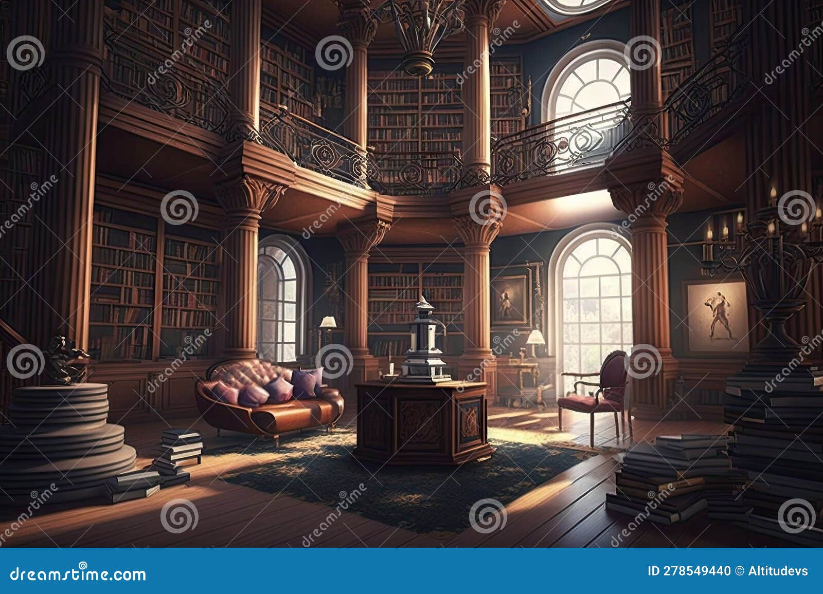 Grand Library with Towering Bookshelves and Reading Nooks Stock ...