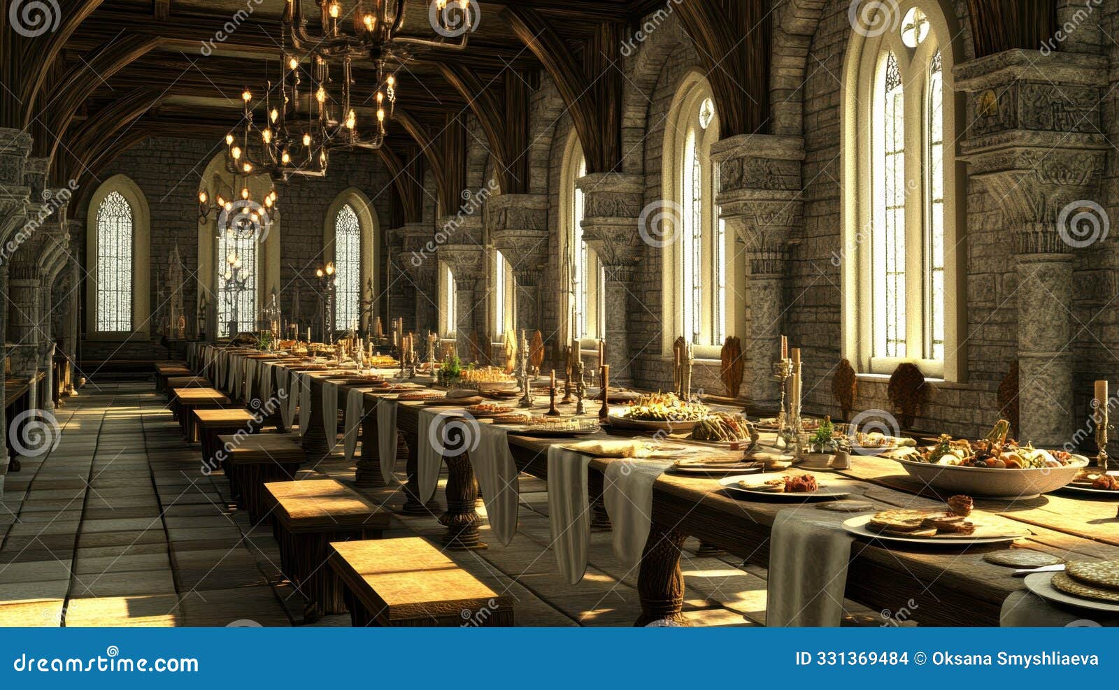 Grand Medieval Banquet Hall with Festive Table Settings Stock Photo ...
