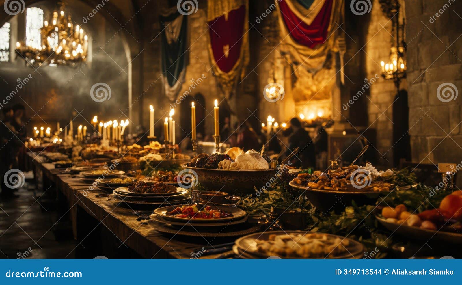 Grand Medieval Feast in a Decorated Hall with Historical Atmosphere ...