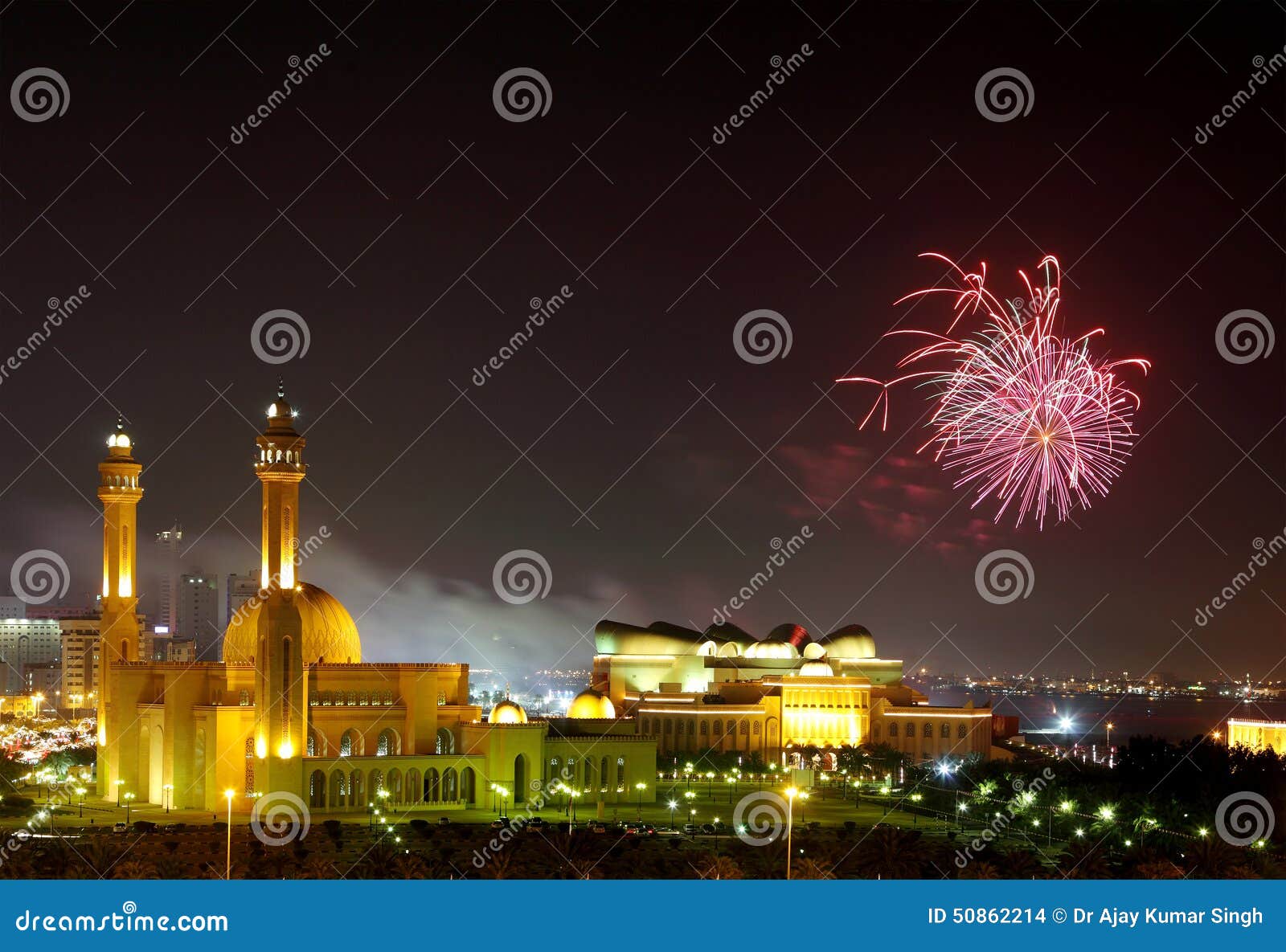 Grand Mosque and Fireworks editorial stock image. Image of celebrate ...
