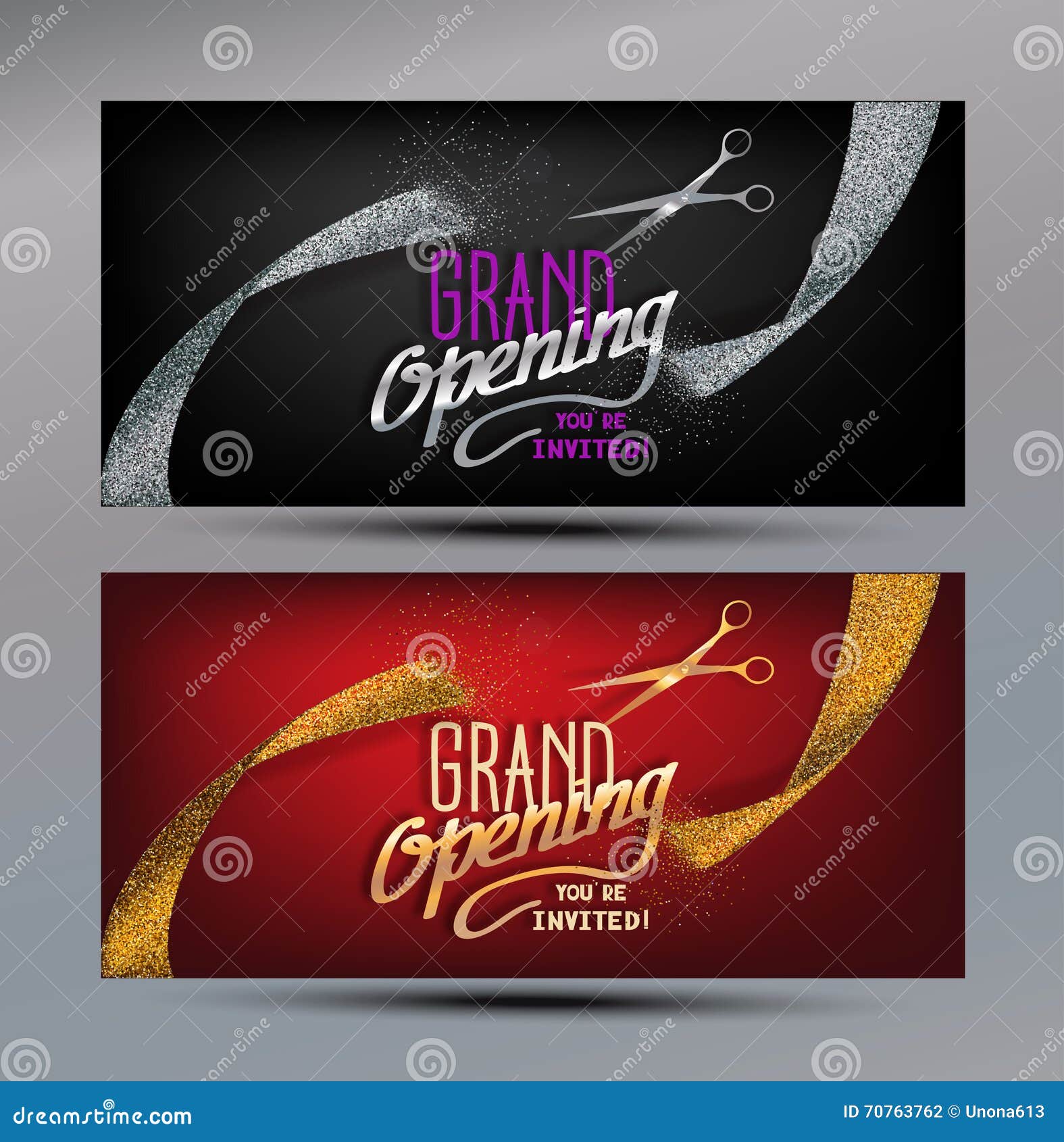 Grand Opening Banners with Abstract Gold and Silver Ribbons and ...