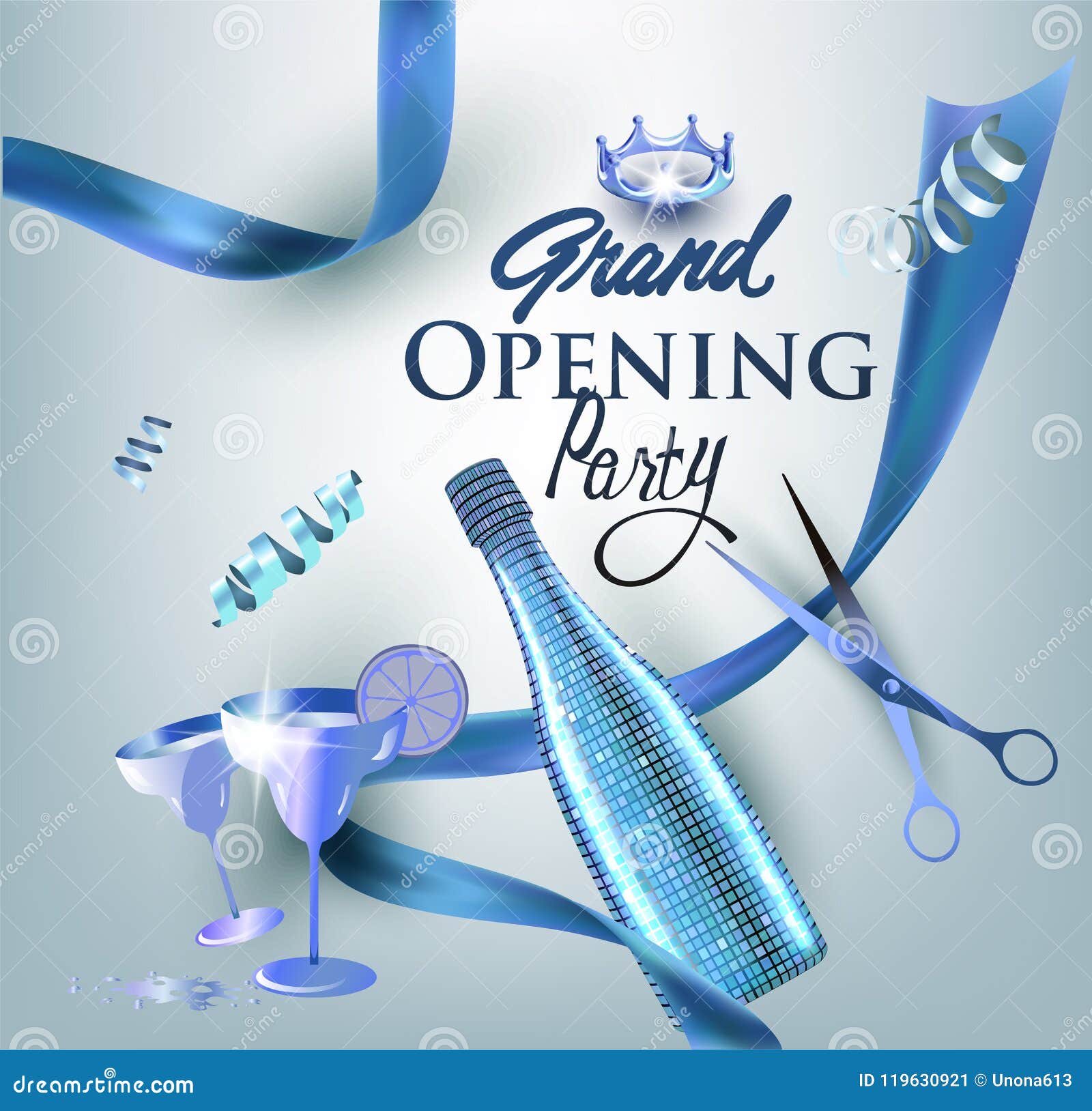 Grand Opening Invitation Banner with Blue Objects. Stock Vector ...