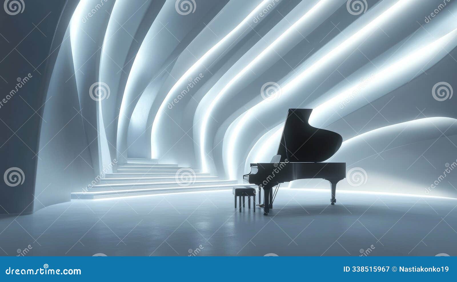 Grand Piano in a Futuristic Hall with Flowing Light Design Stock Image ...
