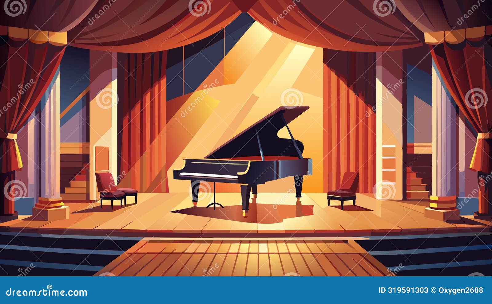 Grand Piano on Stage with Spotlight in Elegant Theater Setting Stock ...