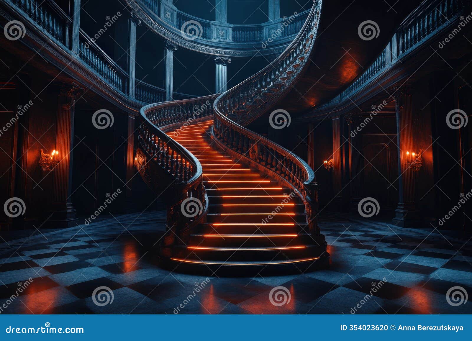 Grand Spiral Staircase with Illuminated Steps in Elegant Mansion ...