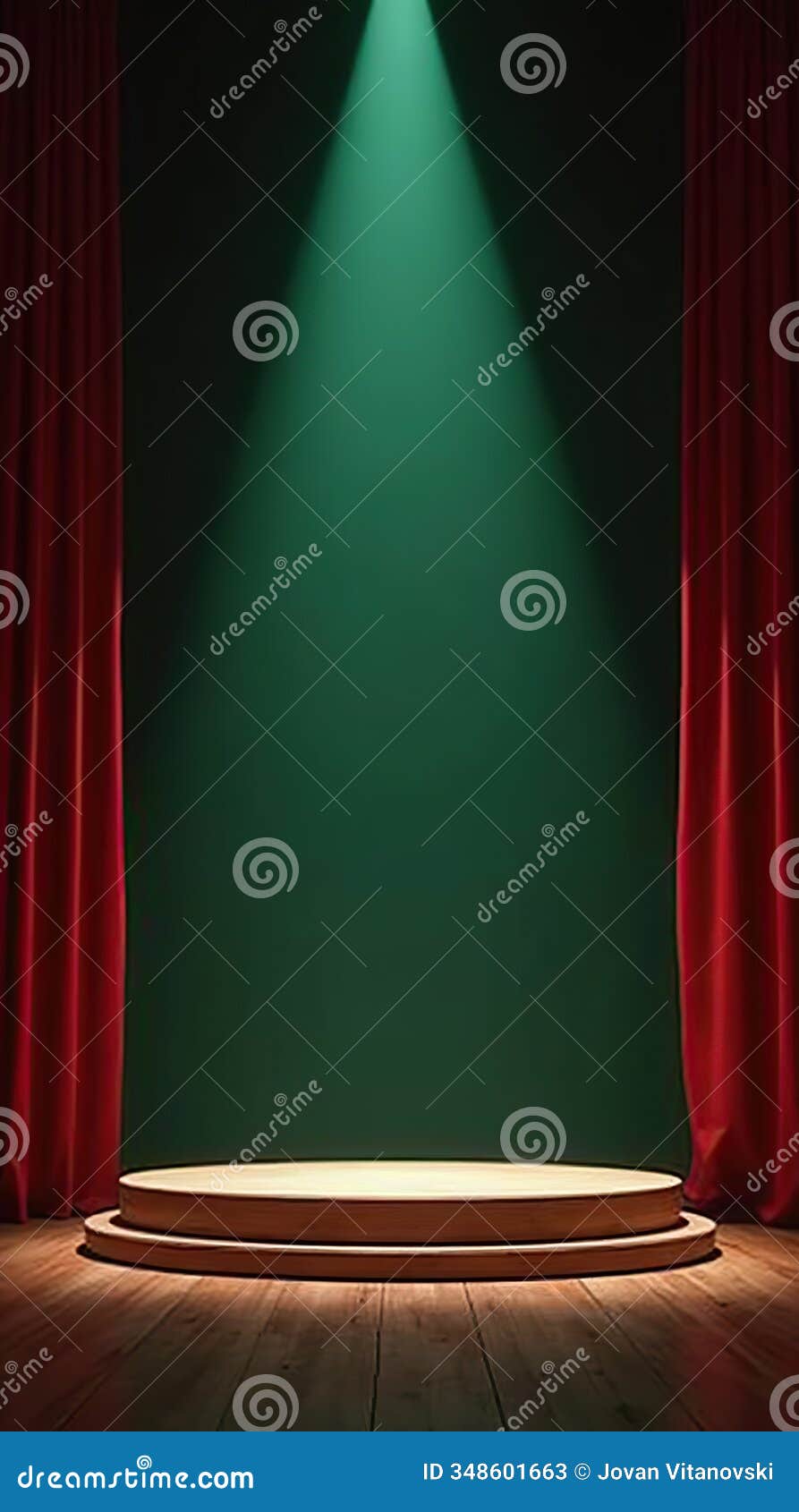 Grand Stage with Red Curtains and Green Spotlight Illumination Stock ...