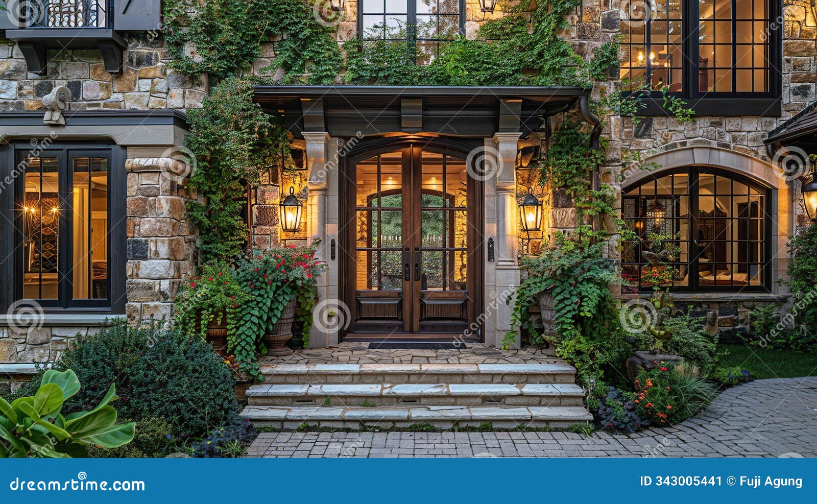 A Grand Stone Entrance with Double Doors, Flanked by Greenery and ...