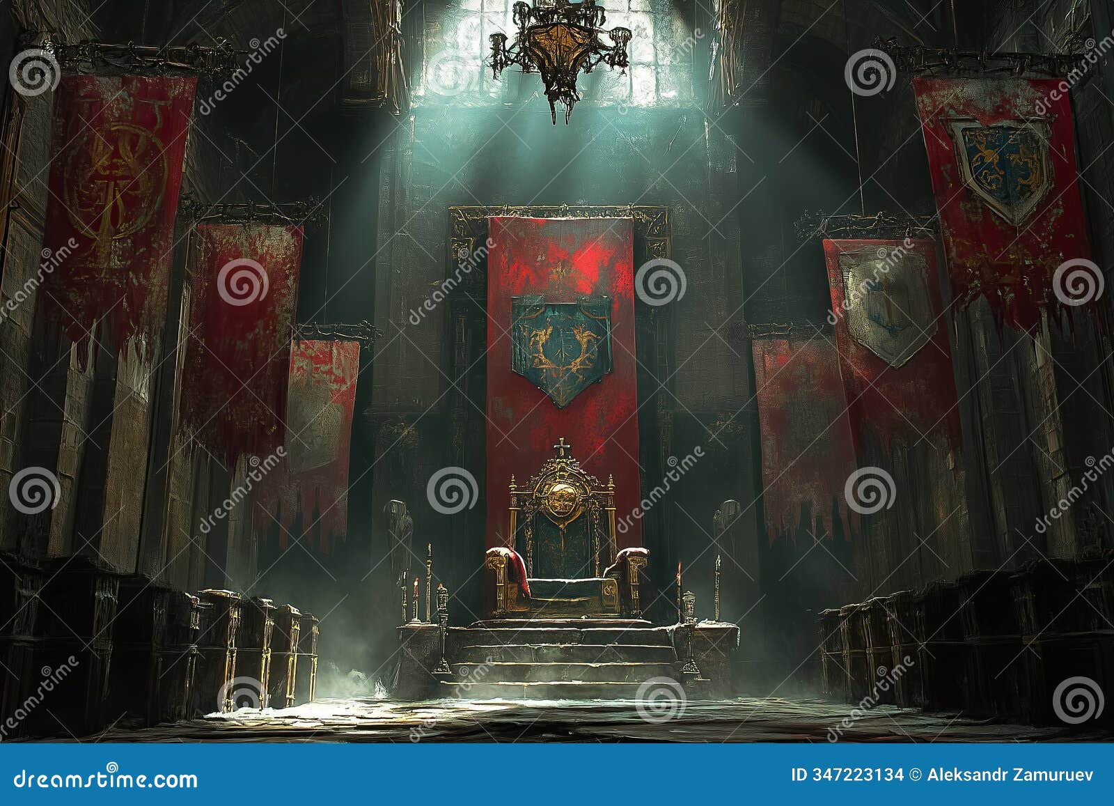 A Grand Throne Sits Alone in a Dim Hall, Lit by Beams of Light, with ...