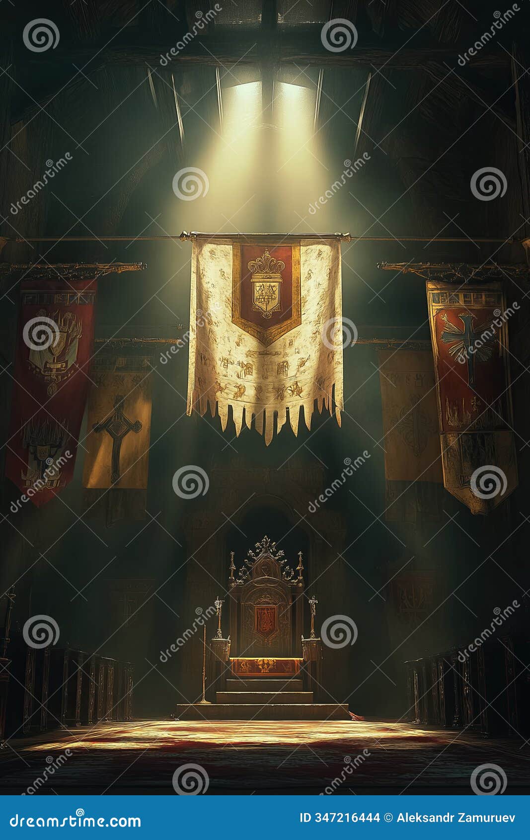 A Grand Throne Sits Isolated in a Dimly Lit Hall, Surrounded by Banners ...