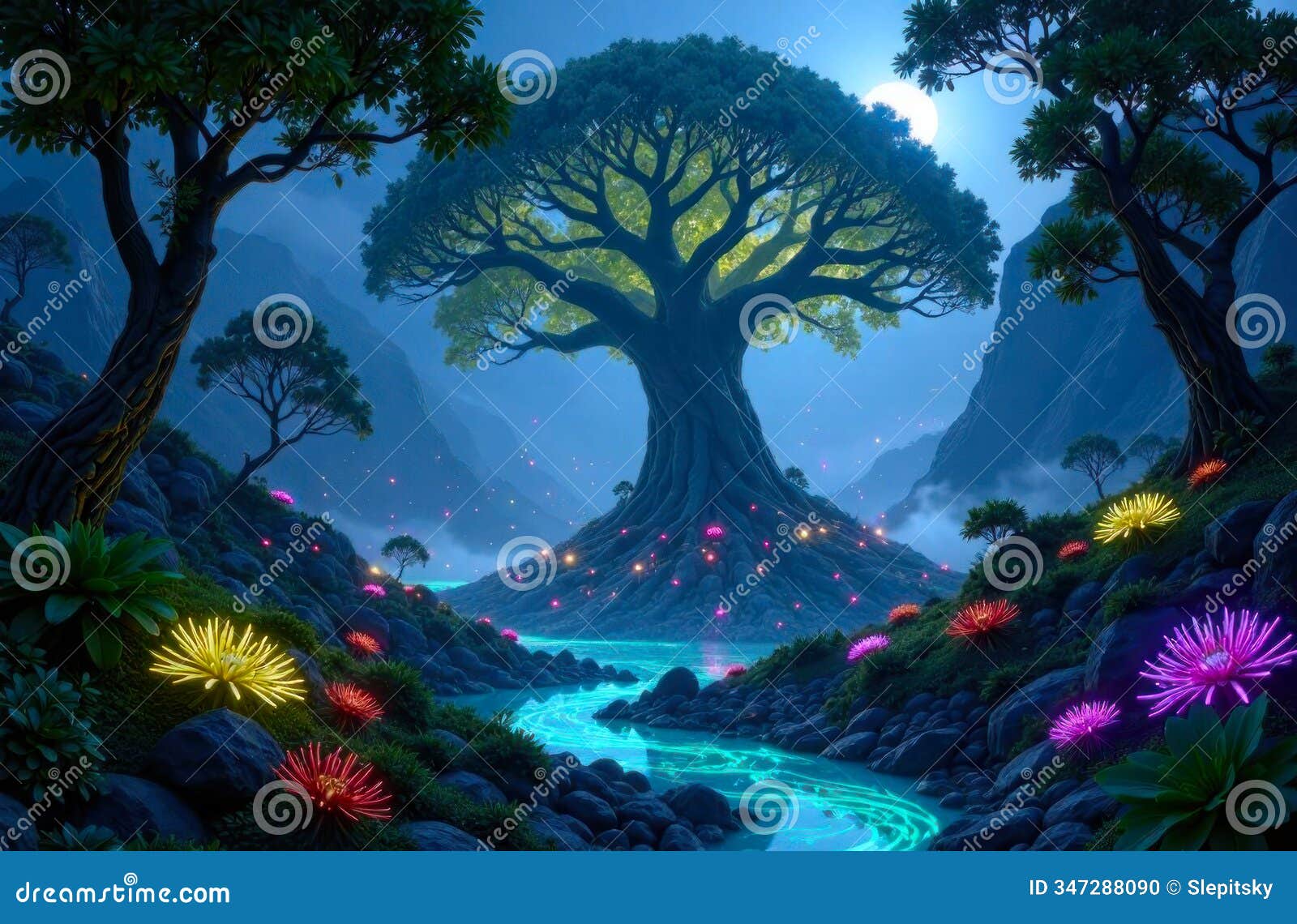 A Grand Tree in an Enchanted Forest Casts Vibrant Light on Glowing ...
