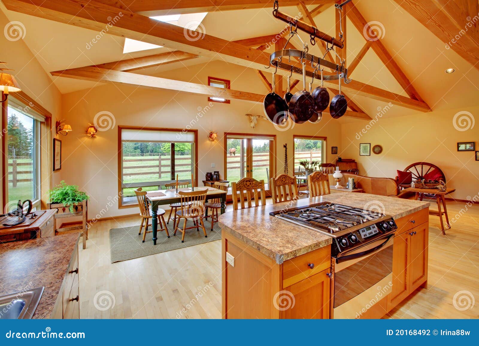 Grande Sala De Visitas No Rancho Com Cozinha. Foto de Stock - Imagem de ...