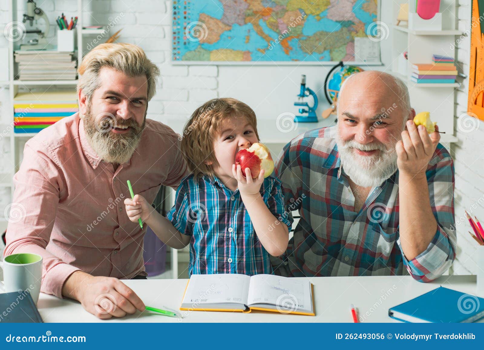 Grandfather Father and Child Son Learning at Home Classroom. Knowledge ...